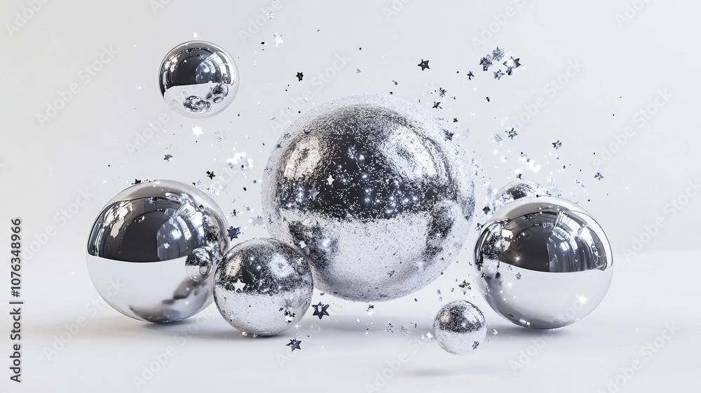 A 3D chrome moon and planets set, featuring stars, in a Y2K-inspired ...