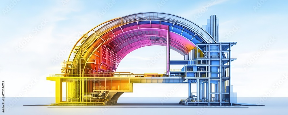 Cross-section of a bridge arch with visible structure layers, steel ...