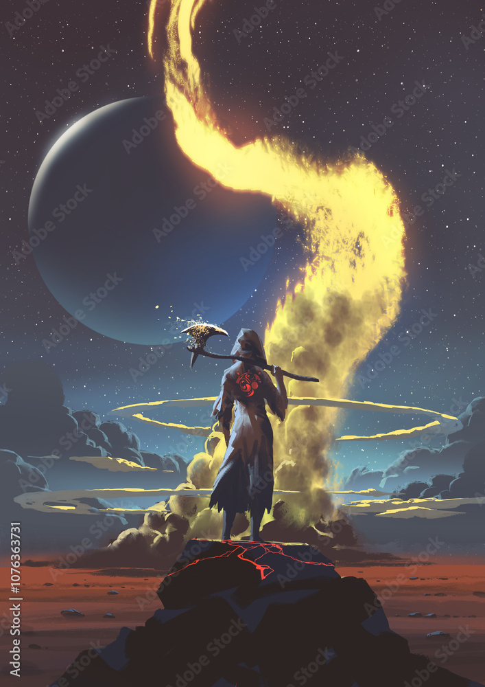 A powerful witch grips an axe in a magical, otherworldly landscape ...