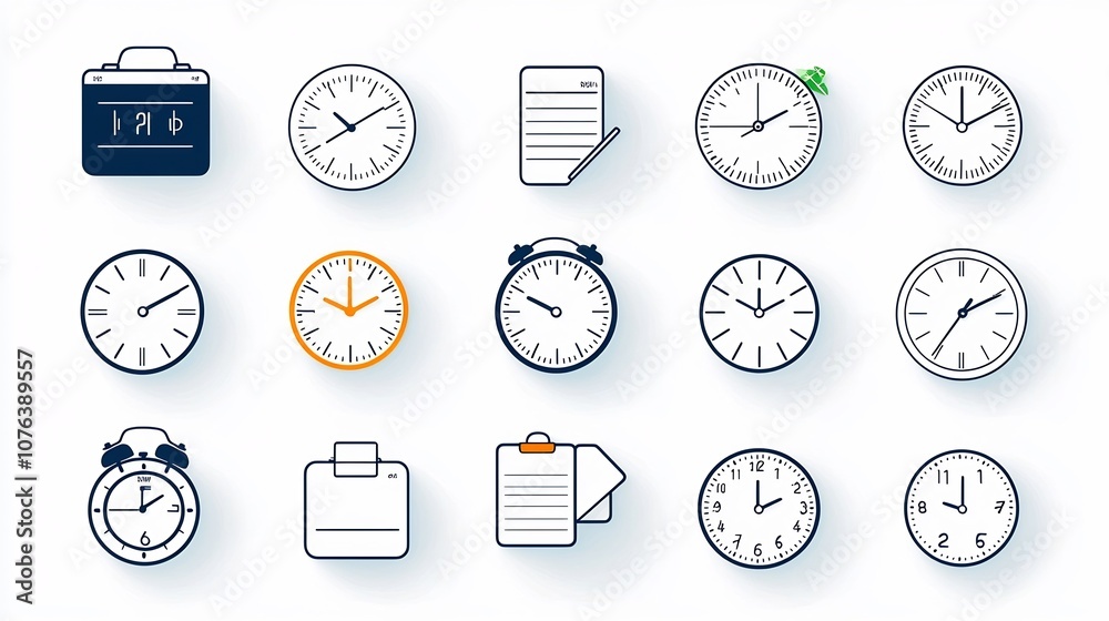 Set of 15 Minimalist Outline Icons Representing Time Clocks Alarms ...