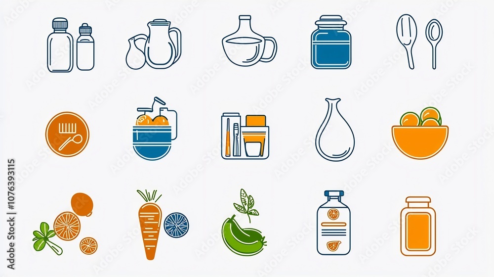 Set of 15 nutrition focused outline style icons featuring symbols for ...