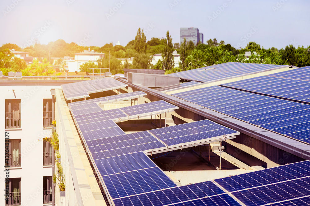 Solar Panels Roof Apartment Building on Cityscape Background with ...