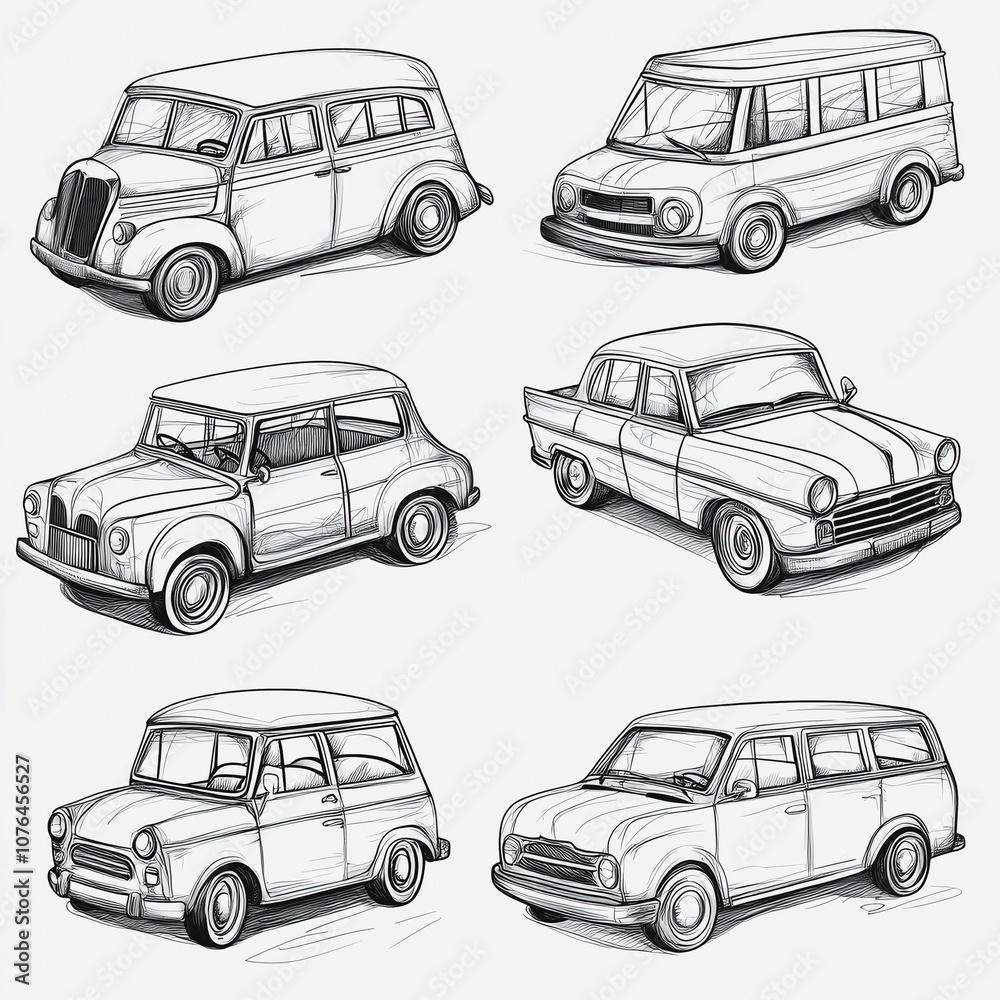 Collection of Vintage Sketches Featuring Classic Cars in Various Styles ...