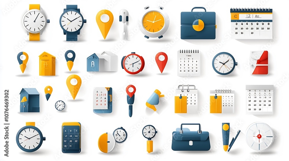 Vibrant icons featuring map markers wristwatches and event calendars in ...
