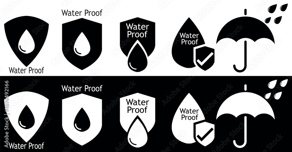 Collection of Waterproof icons. Black and white Set of water resistant ...