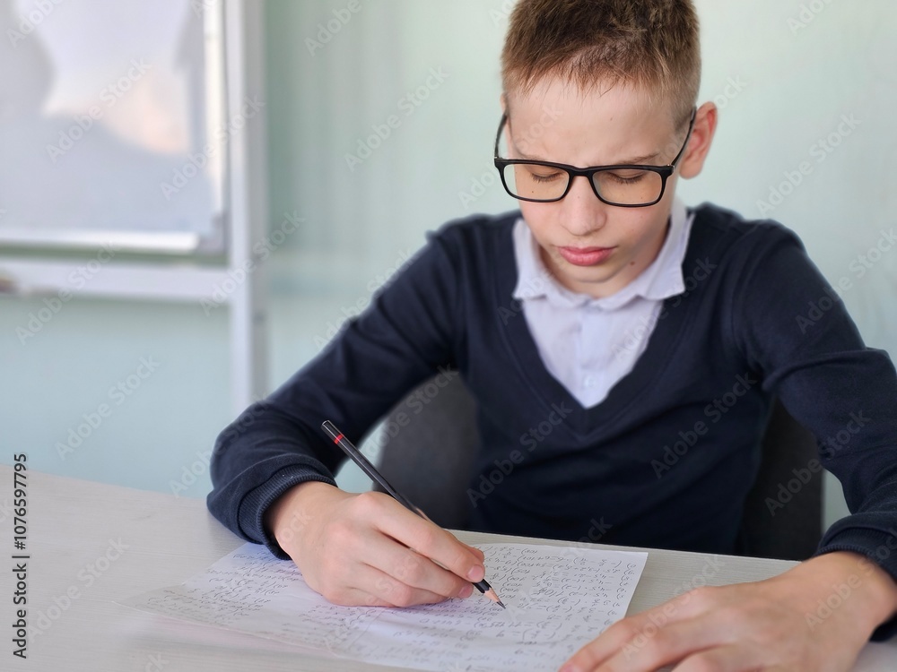 Foto de Stock Elementary student boy doing homework at home. Child ...