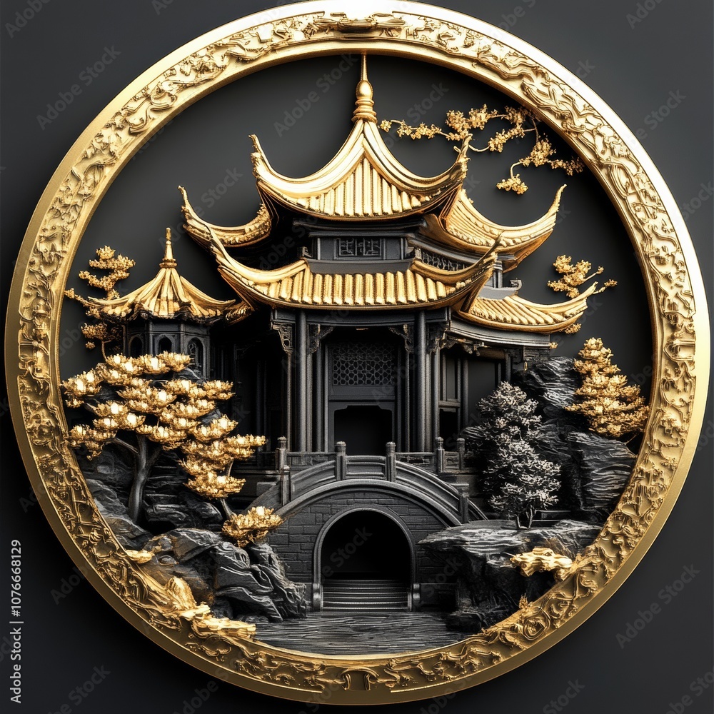 Ornate 3D Asian temple illustration with a gold border, combining ...