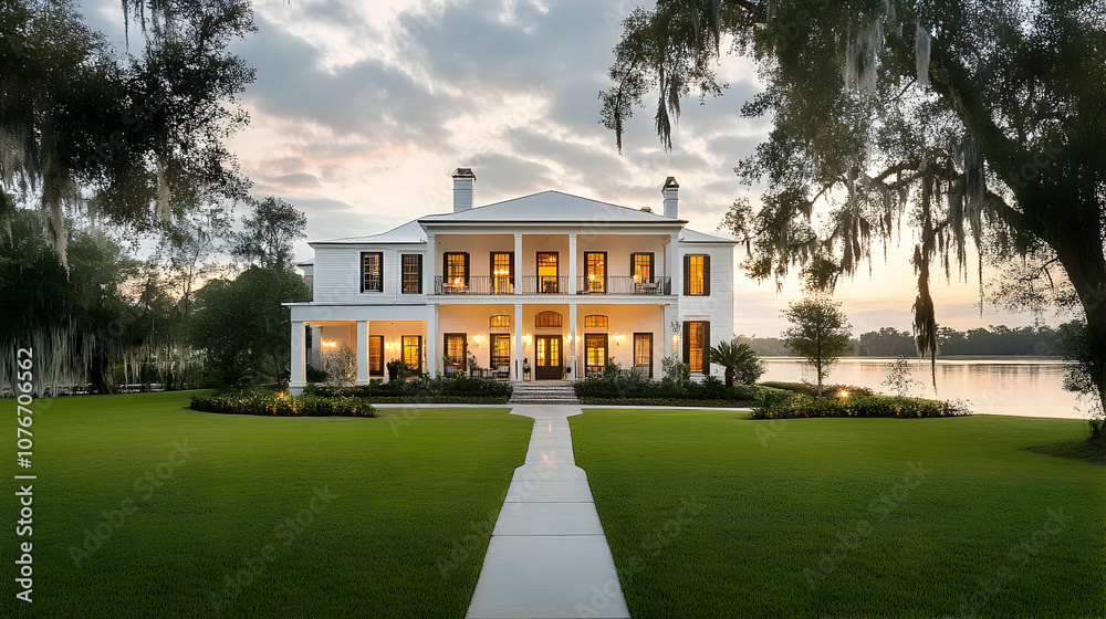 Lowcountry South Carolina plantation house with ancient live oaks and ...