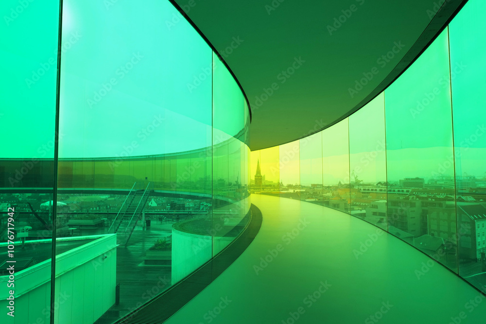 Aarhus, Denmark 11 06 2024 Inside the rainbow rooftop walkway above the ...