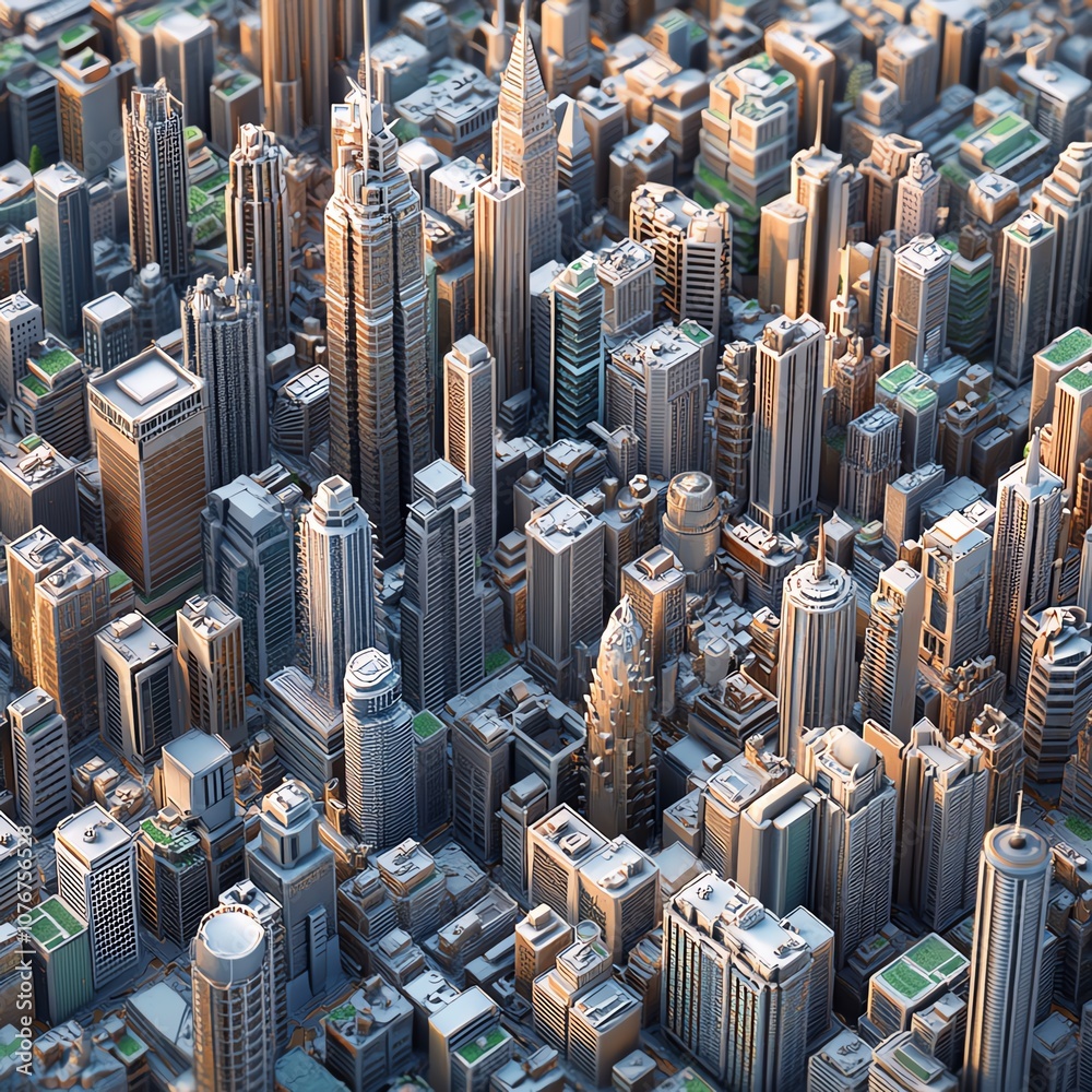 Design a detailed aerial perspective of a bustling metropolis with ...