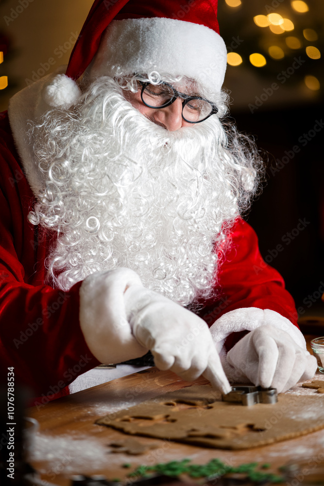 Jolly Santa Claus baking ginger bread, making ginger bread house. Warm ...