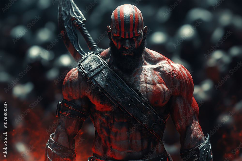 Muscular bloody barbarian warrior gladiator with a axe on black smoke ...