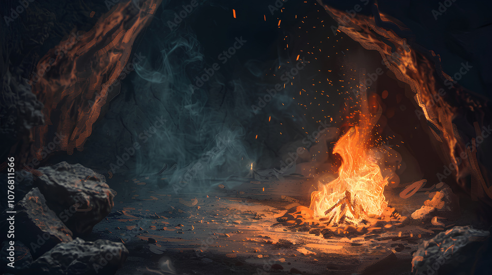 campfire inside an underground cave, with smoke rising from the flames ...