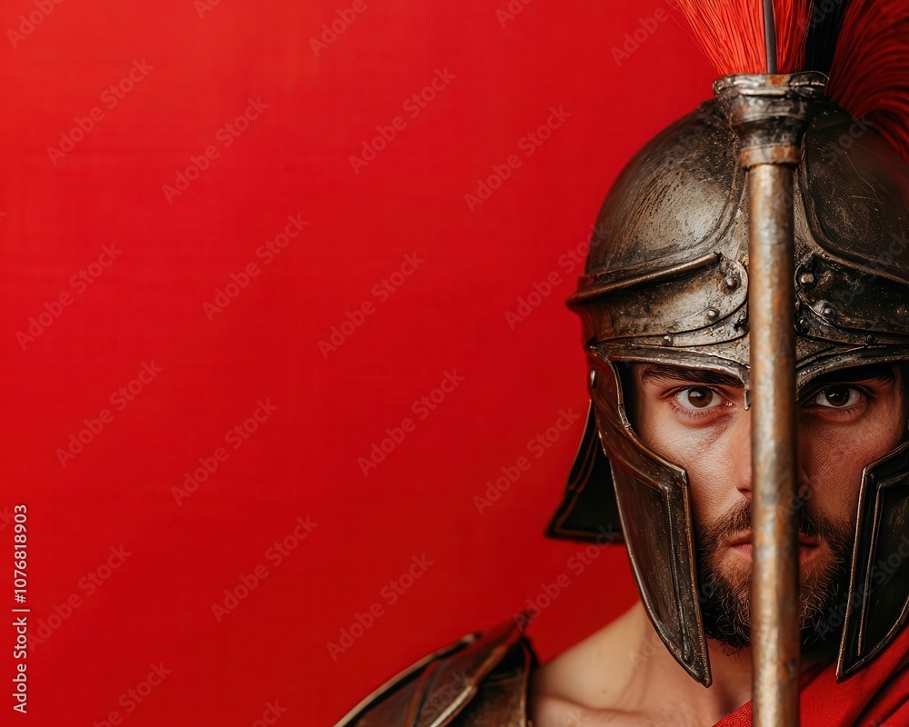 Spartan warrior holding a spear with both hands, his eyes fixed on the ...