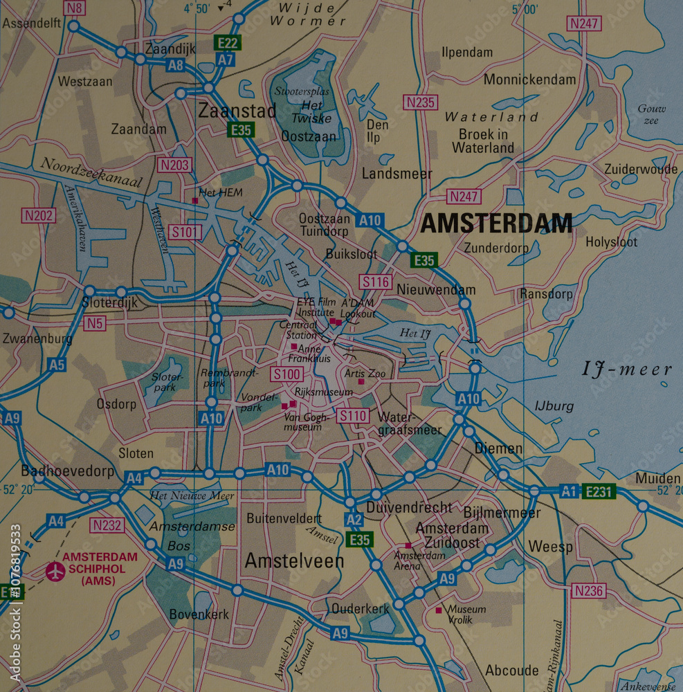Map of Amsterdam, the capital of the Netherlands, and the surrounding ...
