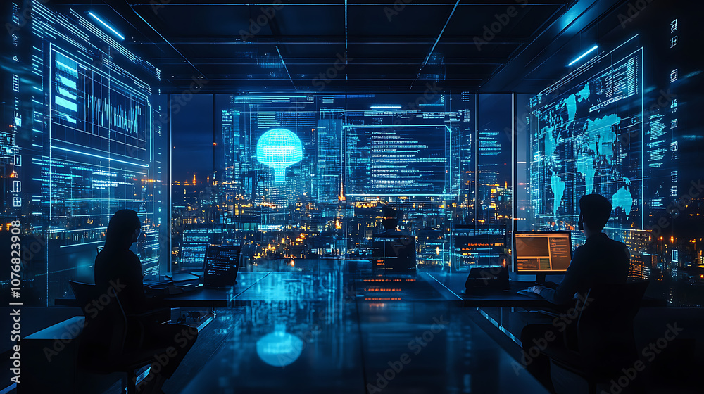 Future of Work AI automation transformation Futuristic Workspace with AI and Digital ...