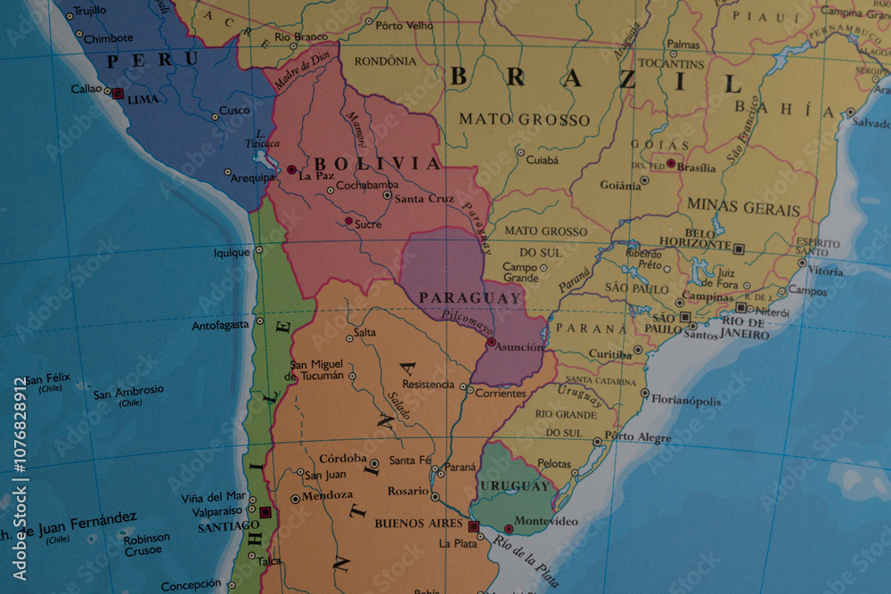 Political map of central South America featuring Bolivia, Paraguay ...