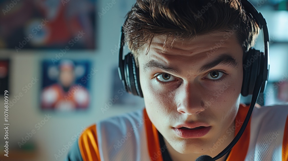 Intense young man streaming live basketball commentary, wearing a team ...