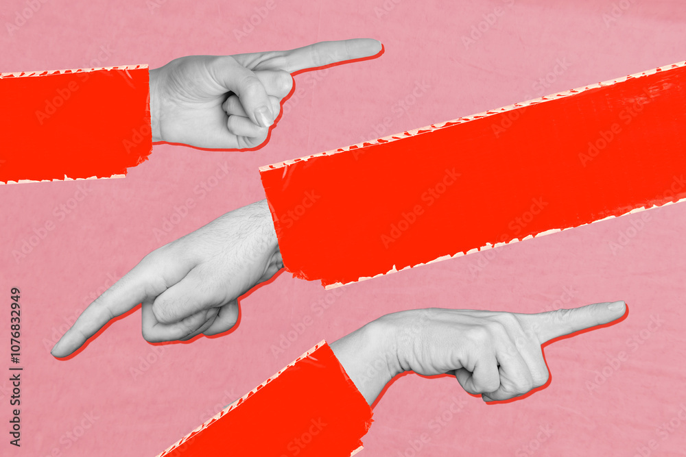 Composite photo collage of hands index fingers point each other blame ...