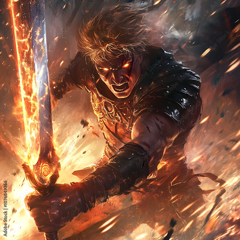 Fierce Warrior with Fiery Sword in Epic Battle, Clashing Flames and ...