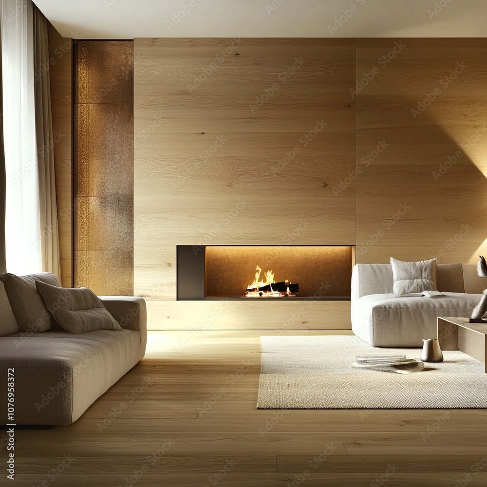 create modern living room with oak floor, white walls, oak wall panels ...
