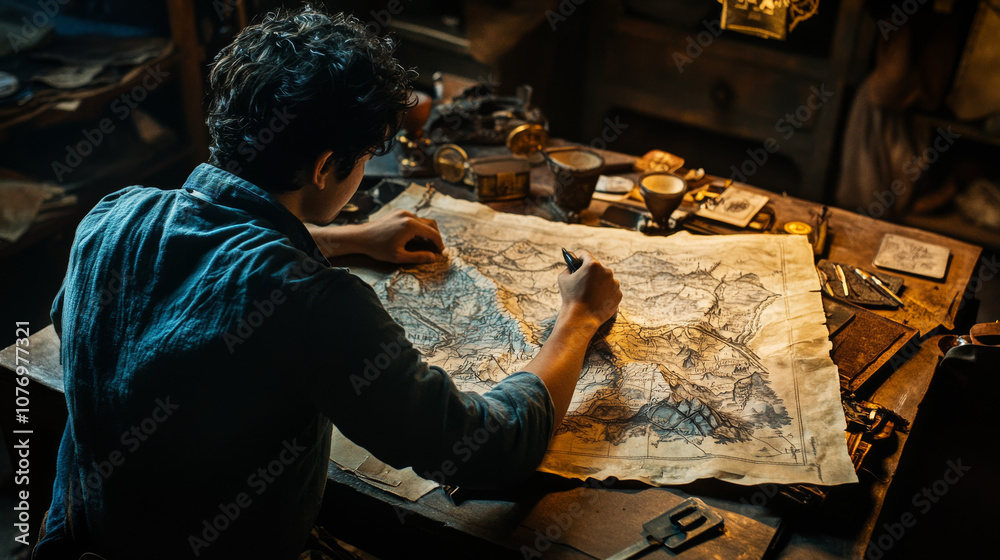 An explorer studies an intricate map spread across a table, with ...