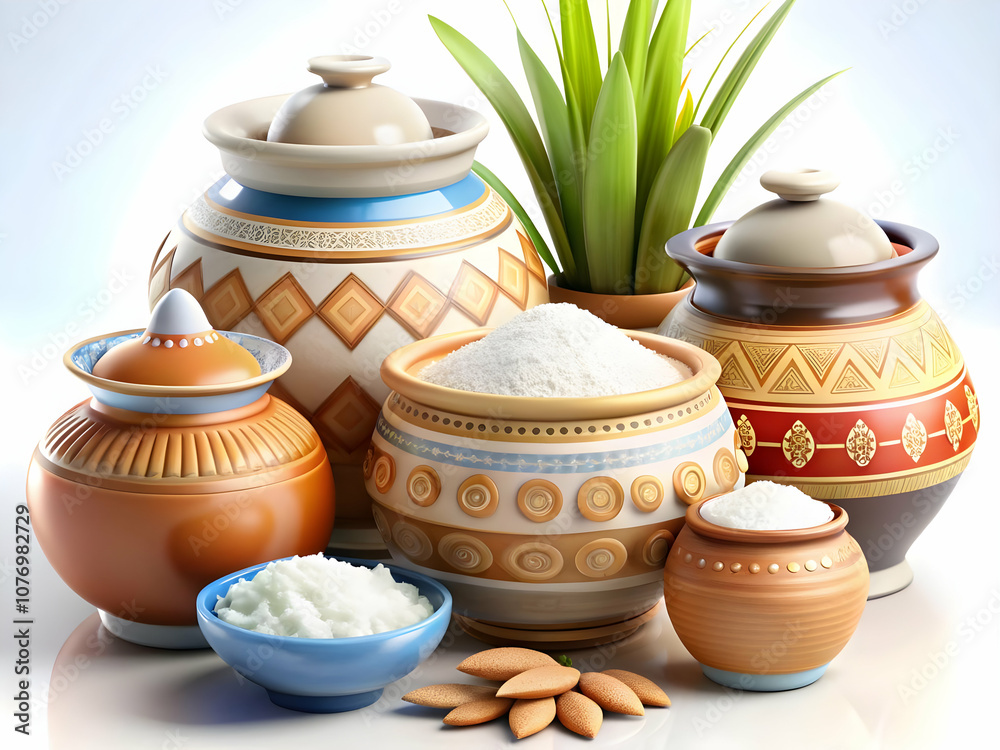 Pongal Festive Elements Vector Illustration of Rice Pots, Sugarcane ...