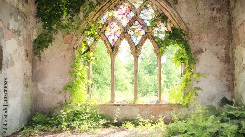 Abandoned Gothic Window with Colorful Stained Glass Surrounded by ...