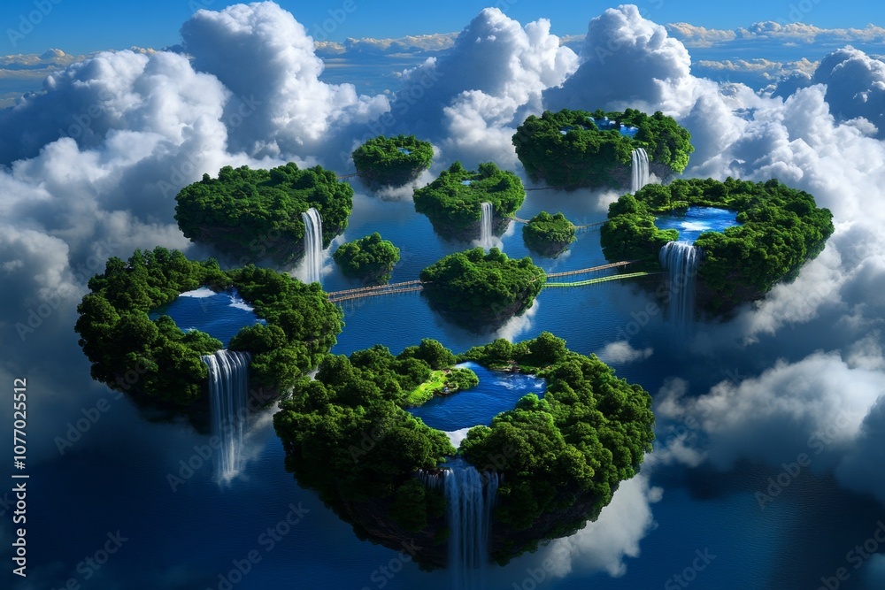 Whimsical landscape of floating islands with waterfalls flowing into ...