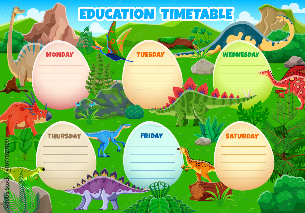 Education timetable schedule with prehistoric dinosaurs characters ...