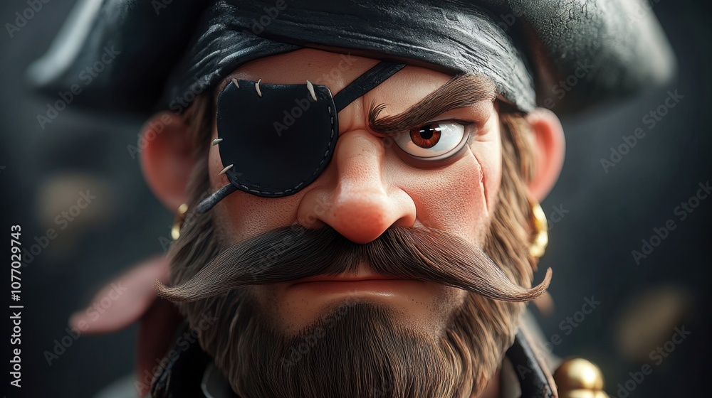 Stylized pirate character with fierce demeanor wearing an eye patch and ...