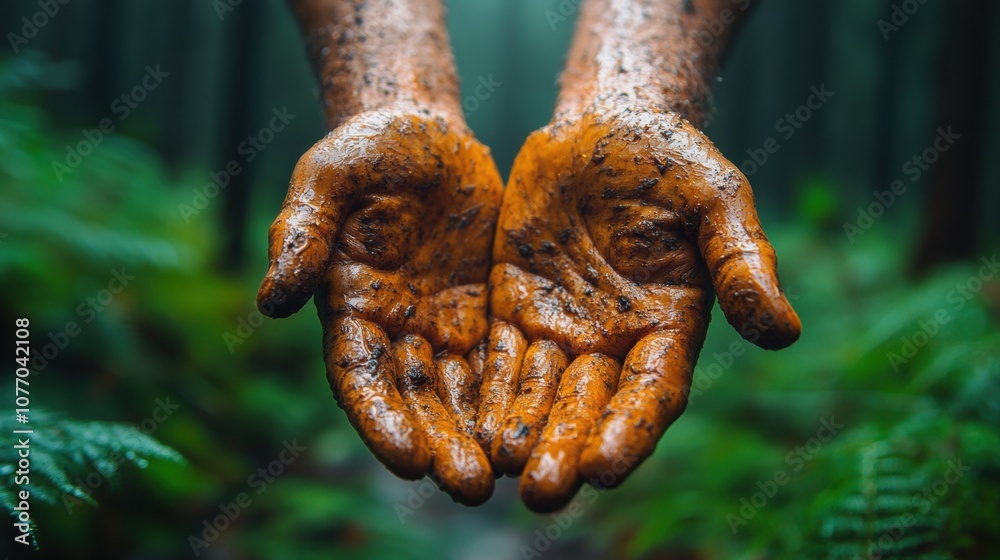 Two hands covered in rich, moist earth held gently amidst a vibrant ...