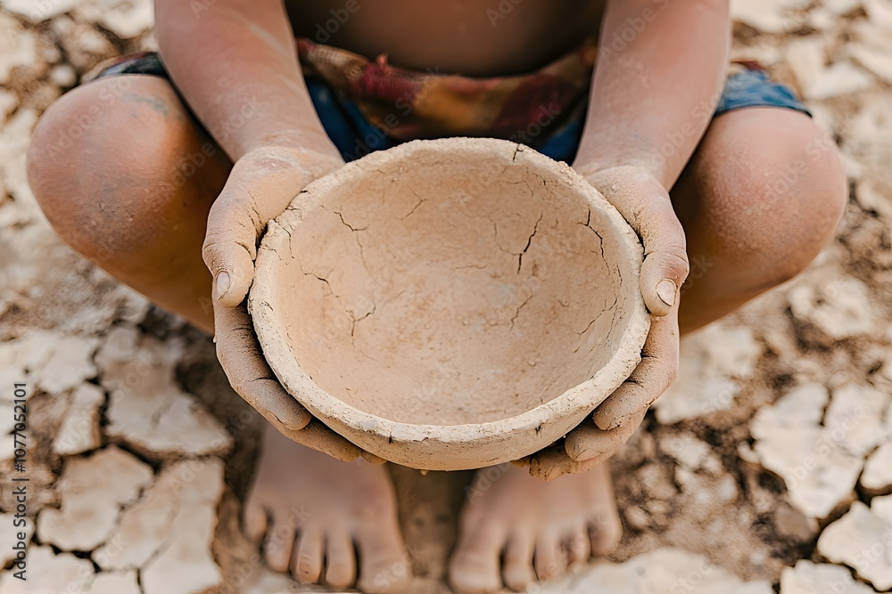 Child sitting in drought-affected land, holding a bowl – Highlighting ...