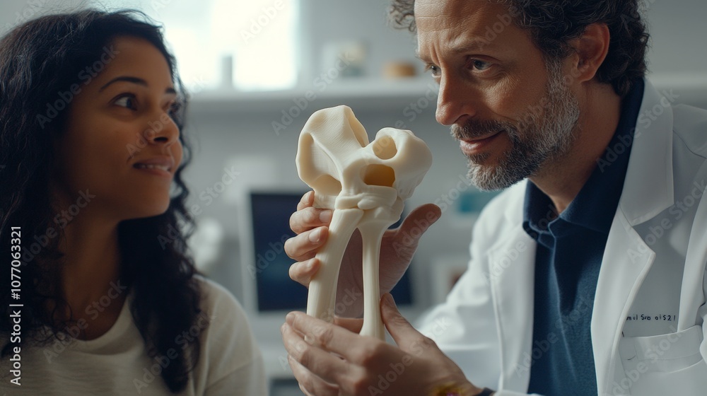 Doctor discussing pelvic anatomy with patient using anatomical model in ...