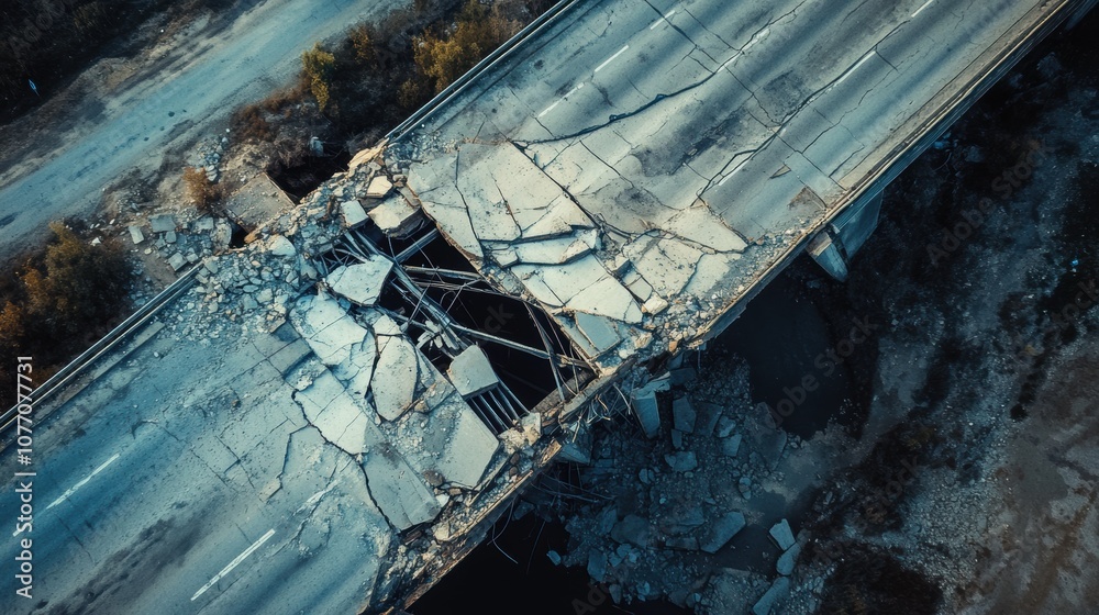 Damaged Highway Bridge, crumbling structure, collapsed sections ...