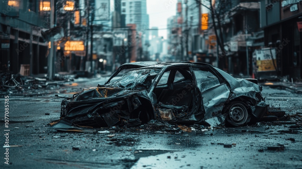 Abandoned wreckage on an empty street, aftermath of a severe crash ...