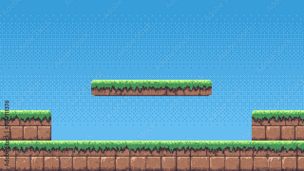 pixel art retro game level, 8 bit 2d video game background, pixel template. stones, grass and ...