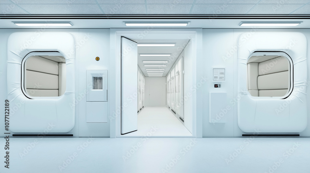 Futuristic interior of a sterile, high-tech facility with padded walls ...