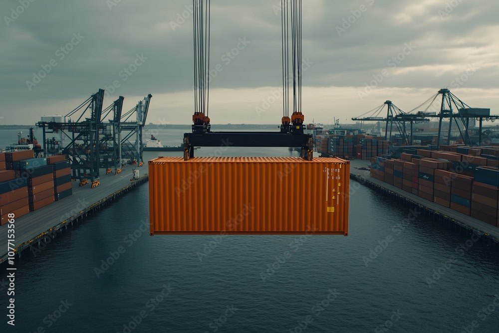 Hydraulic Lift Carrying an Orange Shipping Container – Industrial ...