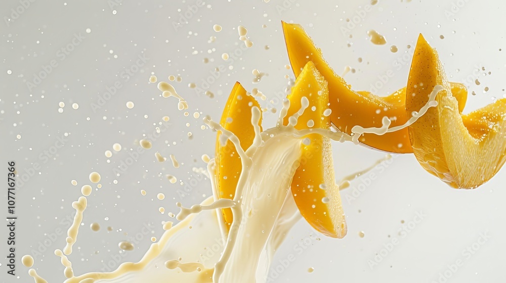 Ripe mango slices tumbling into a milky liquid, captured mid-air ...