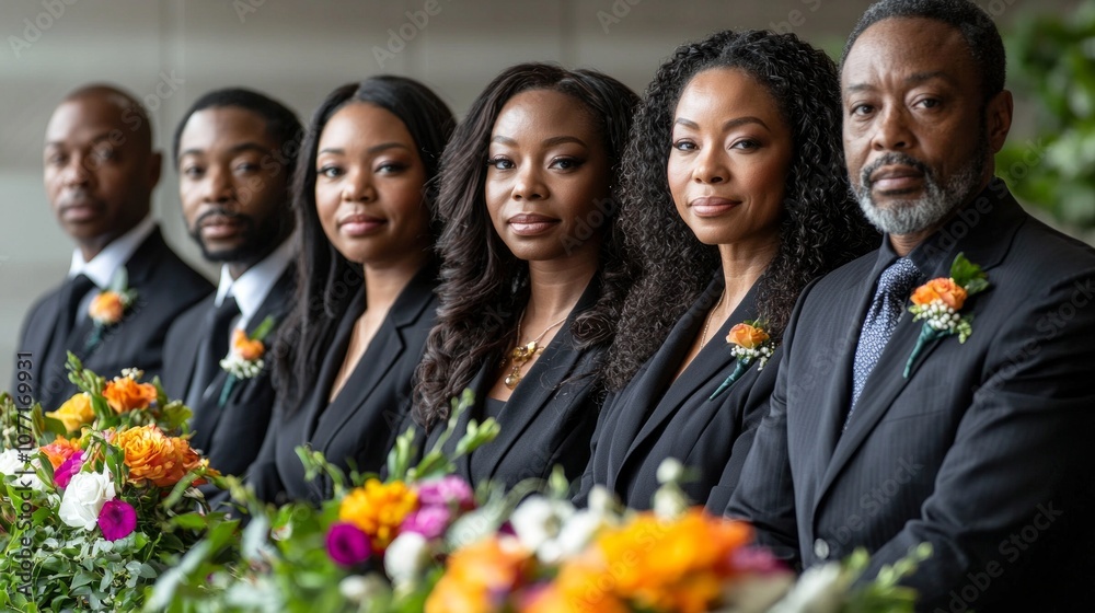 diverse group funeral service professionals elegant black attire stand ...