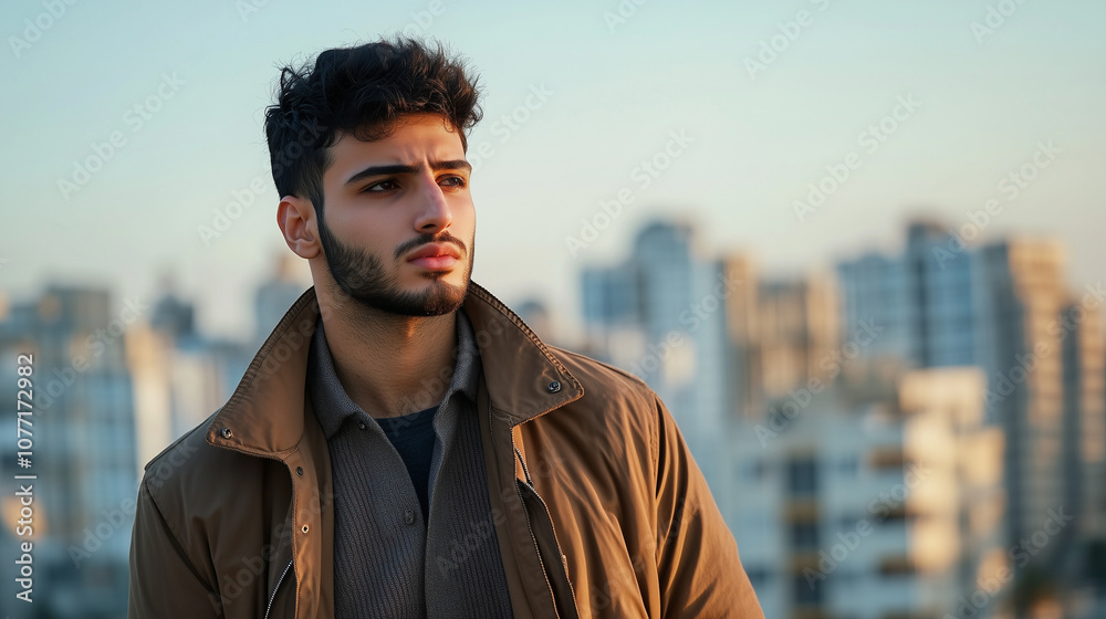An Arab man with a modern jacket over his thobe, representing a blend ...