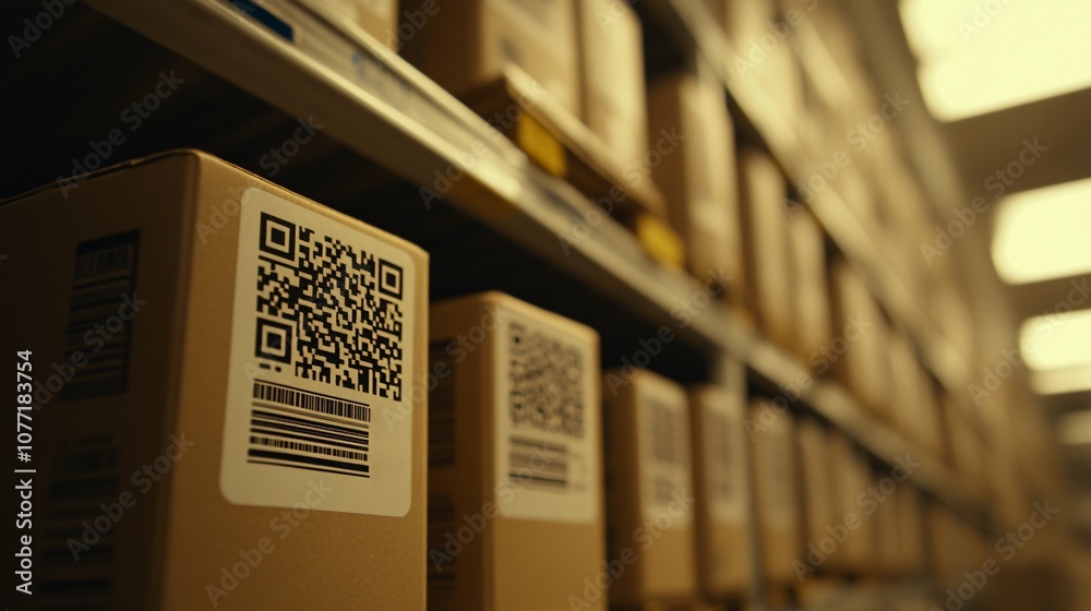Shelves Filled with Brown Cardboard Boxes Displaying QR Codes in a Warehouse Setting ...