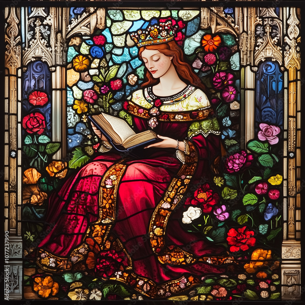 stained glass, rectangular window, queen reading a book in the centre ...