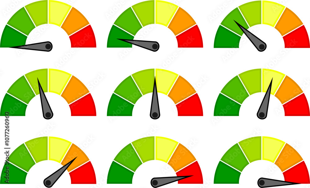Colorful speedometer. Speedometer divided into six color segments, the ...