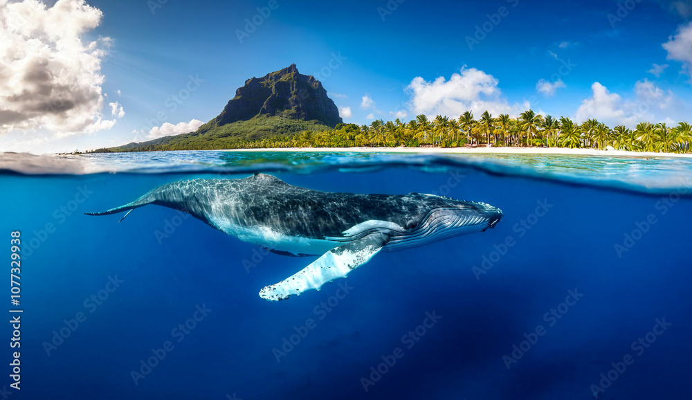 Indian Ocean, Mauritius Whale and humpback whale and vibrant coral ...