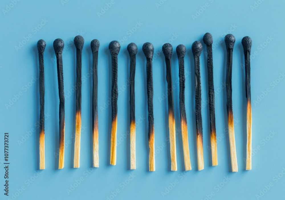 Matches lined up on a blue background, highlighting their burnt tips ...