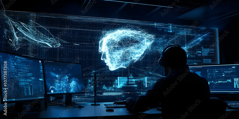 VFX artist creating a flying sequence, with monitors displaying ...