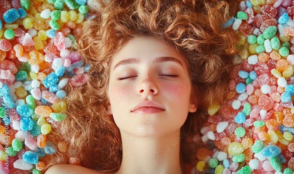 Pretty young woman laying in colorful sugar candies. Female face ...