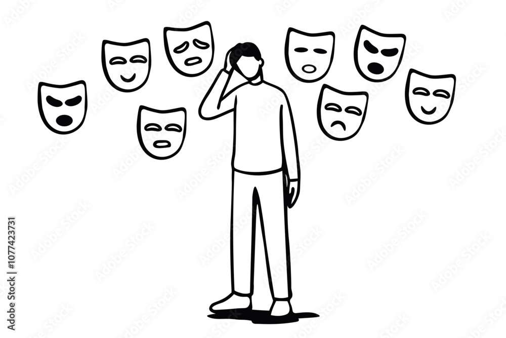 Sad person choosing fake emotion paper masks. Hiding real feelings ...